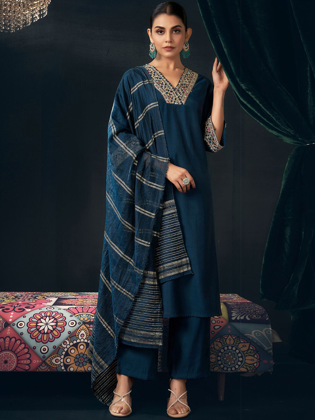 Buy SKYLEE Women Ethnic Motifs Embroidered Regular Sequinned Chanderi ...