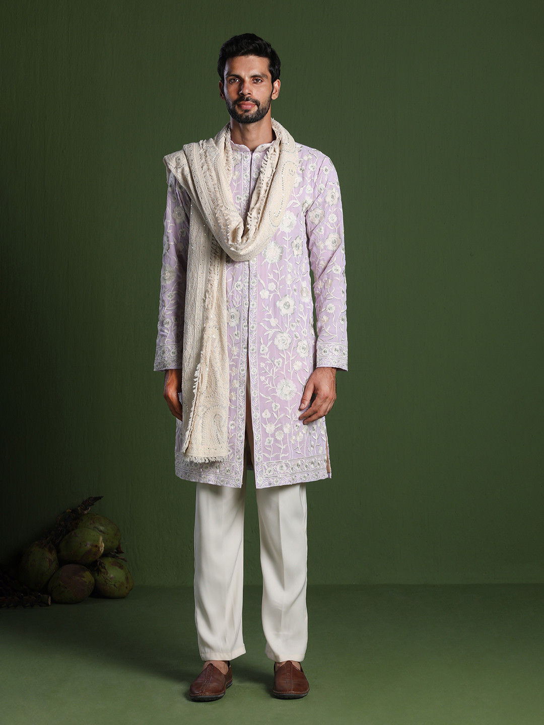 Buy KALPRAAG Floral Embroidered Mandarin Collar Straight Kurta With ...