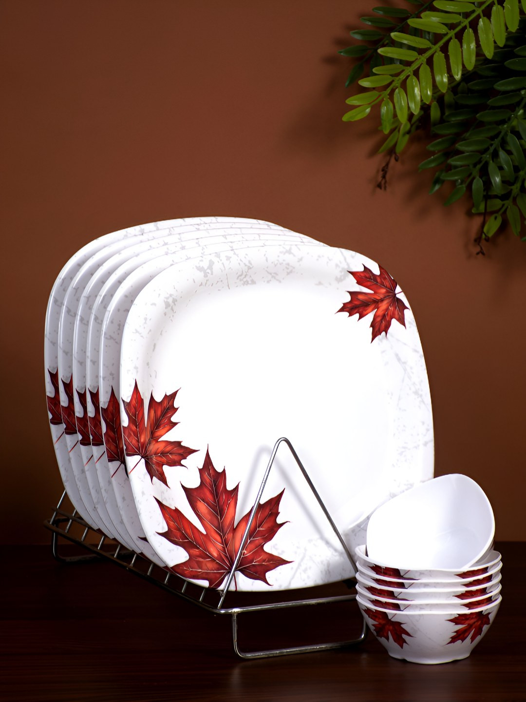 Buy Golden Fish White & Maroon 12 Pieces Floral Printed Melamine Dinner ...