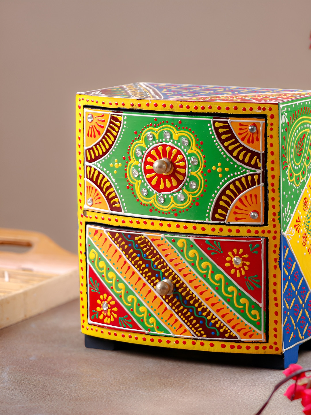 Buy Archies Green & Yellow Floral Printed Wooden Trunk Box Showpiece ...