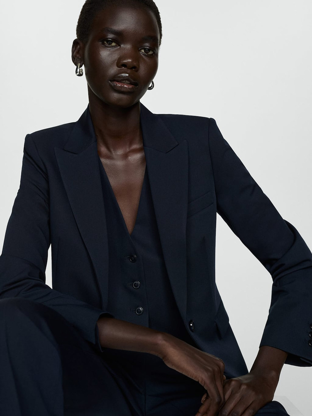 Buy MANGO Navy Blue Single Breasted Fitted Blazer With Structured ...