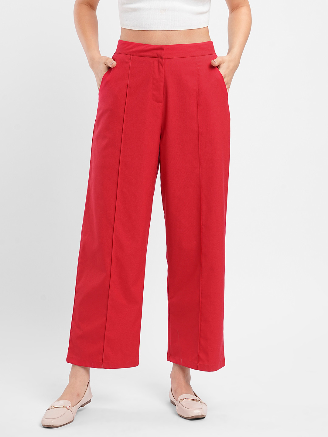 Buy Bombay High Women Tailored Wide Leg Straight Fit High Rise Trousers ...