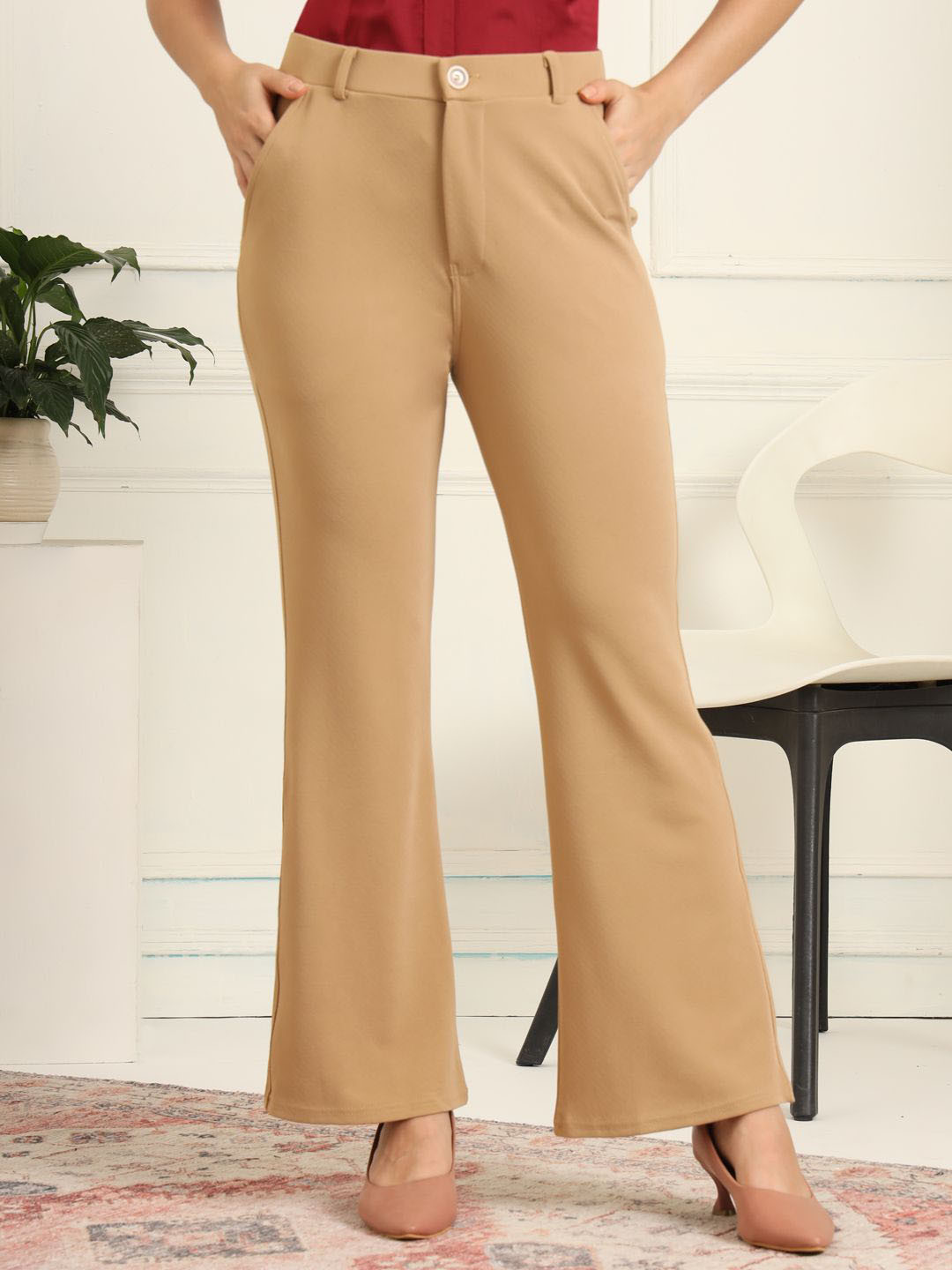 Buy FITHUB Women High Rise Wrinkle Free Bootcut Trouser - Trousers for ...