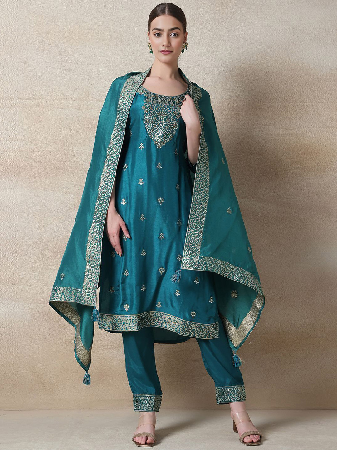 Buy Rang By Indya Woven Design Sequinned Kurta With Trousers & Dupatta ...