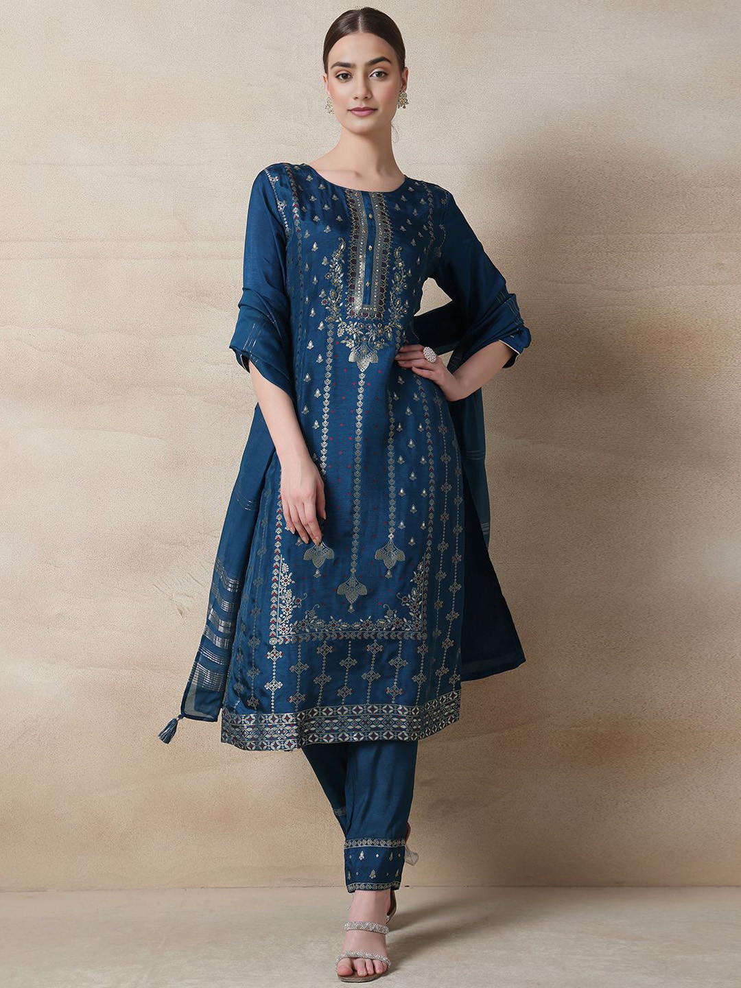 Buy Rang By Indya Woven Design Sequinned Kurta With Trousers & Dupatta ...