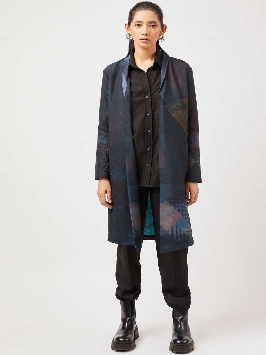 Buy Contemponari Women Geometric Printed Single Breasted Knee Length ...