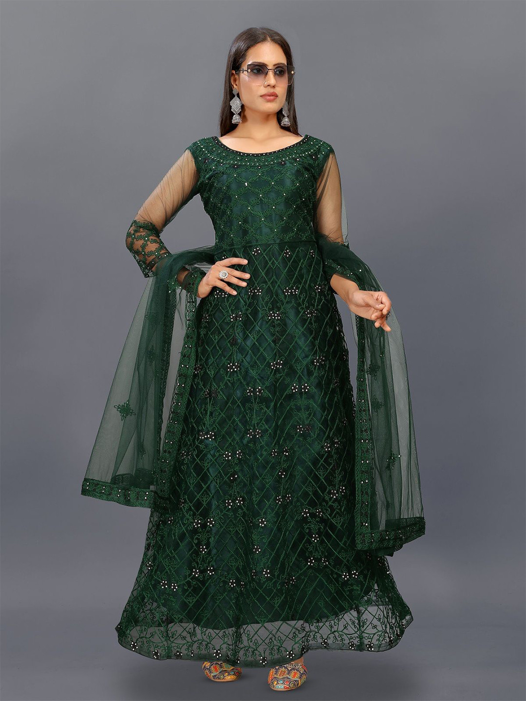 Buy JULEE Embellished Embroidered Net Fit & Flare Maxi Ethnic Dress ...