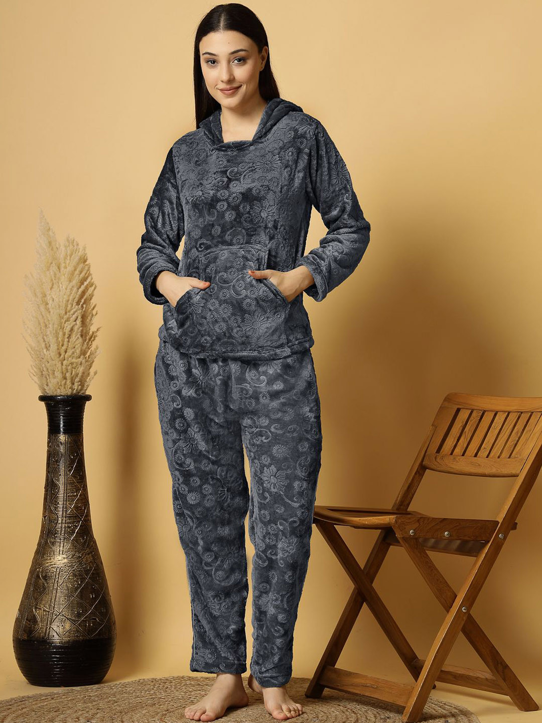 Buy FABINALIV Floral Embossed Hooded Winter Night Suit With 2 Front ...