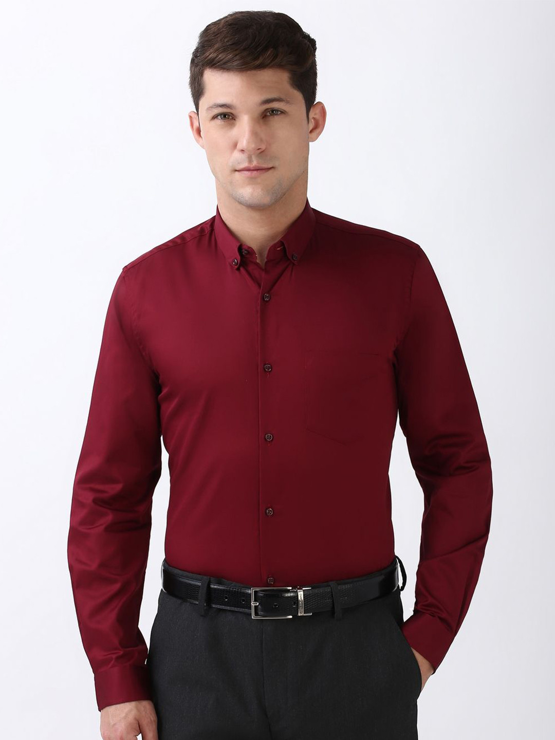 Buy Peter England Men Button Down Collar Solid Cotton Slim Fit Formal ...