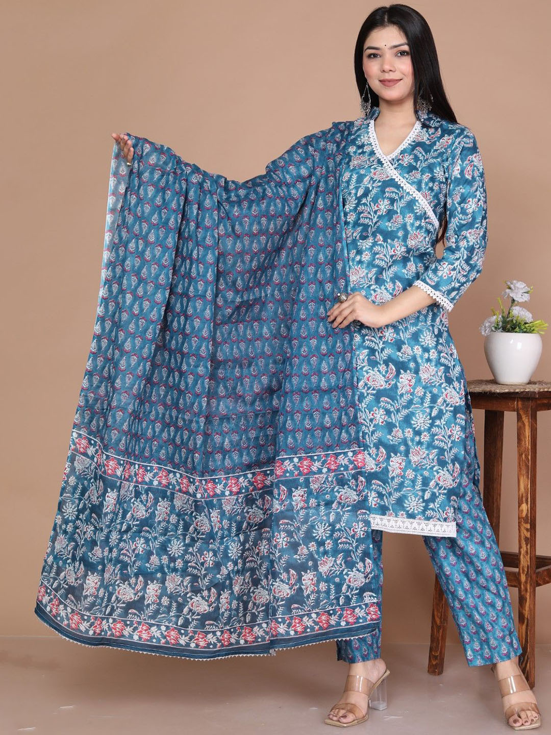 Buy ANTU KURTIES Ethnic Motifs Embroidered Angrakha Pure Cotton Kurta ...