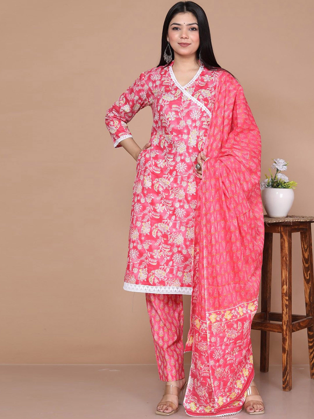Buy ANTU KURTIES Floral Printed Angrakha Pure Cotton Straight Kurta ...
