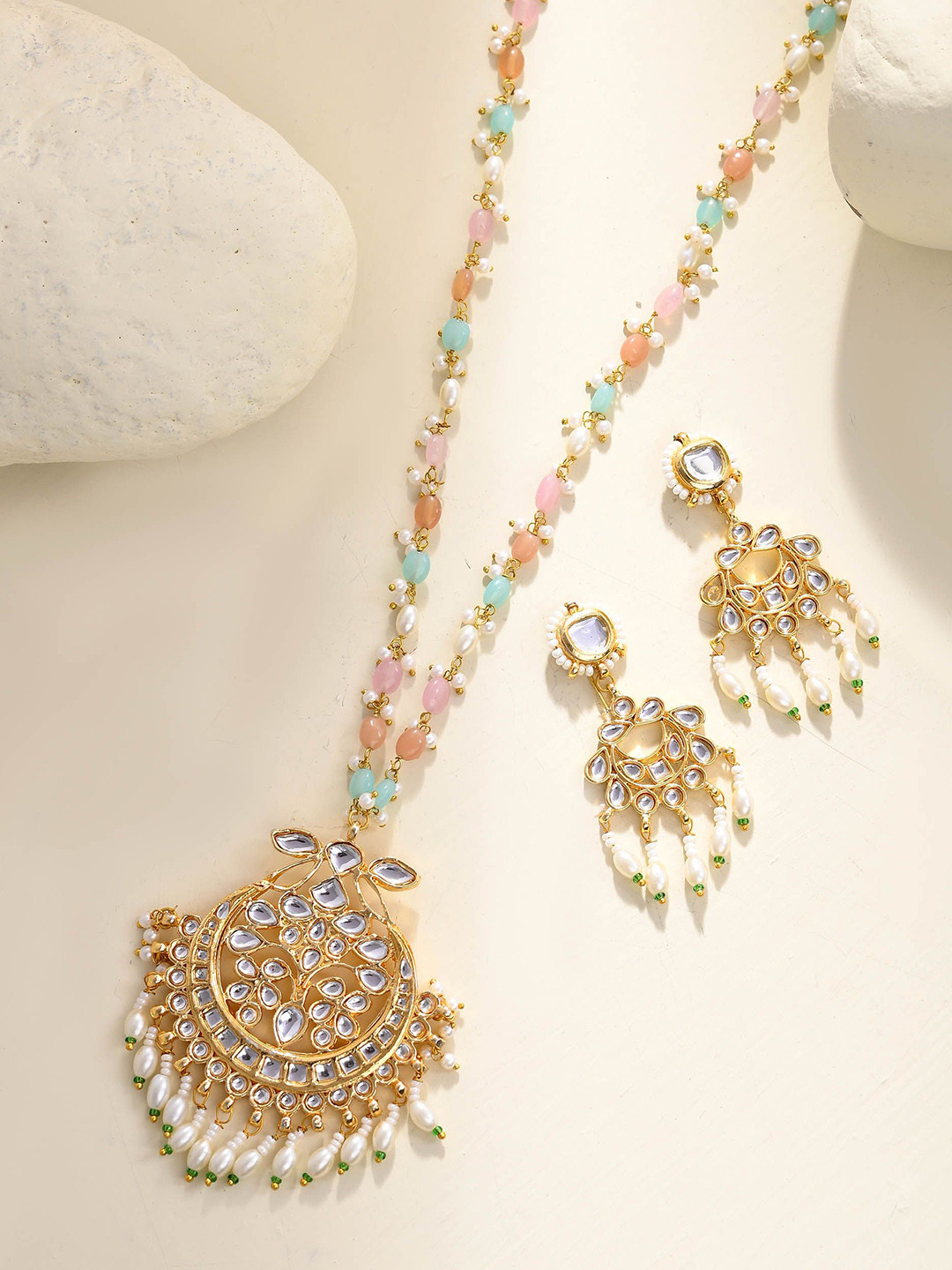 Buy DASTOOR Gold Plated Stone Studded & Beaded Jewellery Set ...