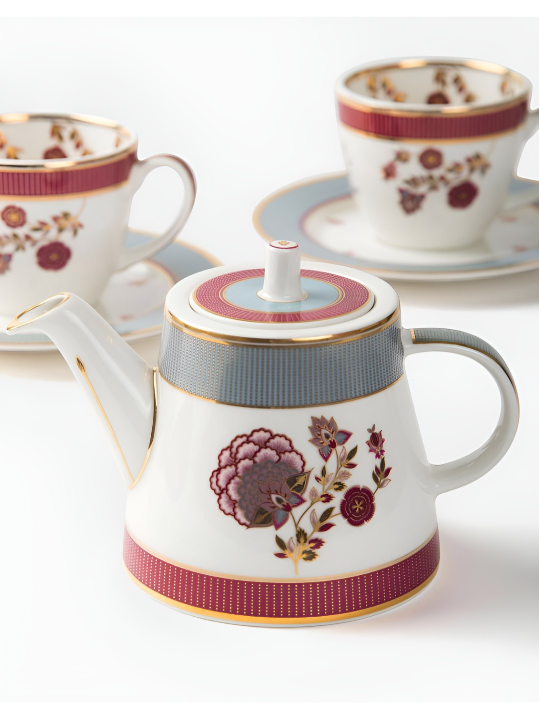 Buy Fabindia Luxe White & Pink 3 Pieces Floral Printed Ceramic Teapot ...