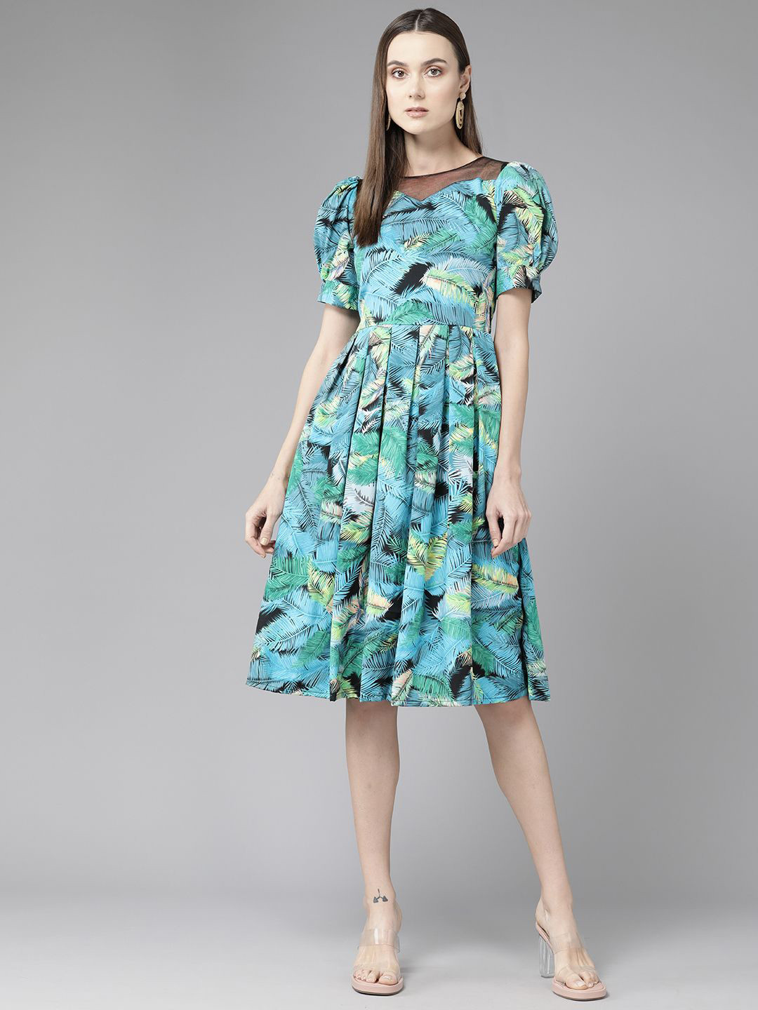 Buy BAESD Women Floral Printed Net Fit And Flare Middi Dress - Dresses ...