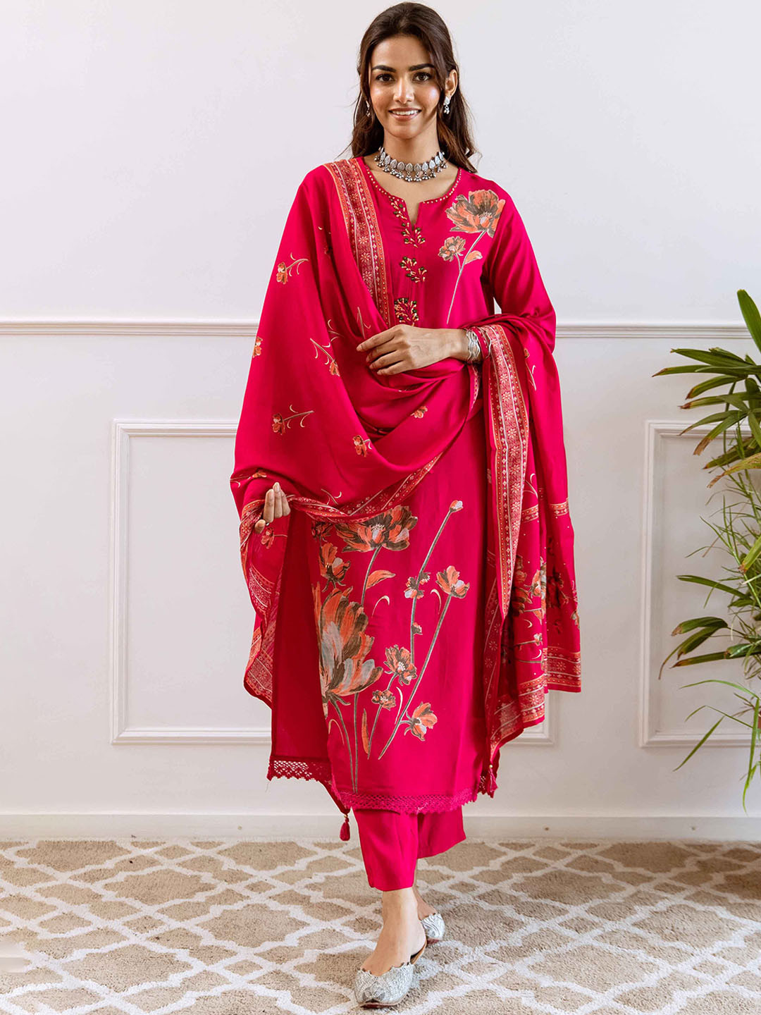 Buy Nehamta Women Floral Printed Regular Kantha Work Kurta With ...