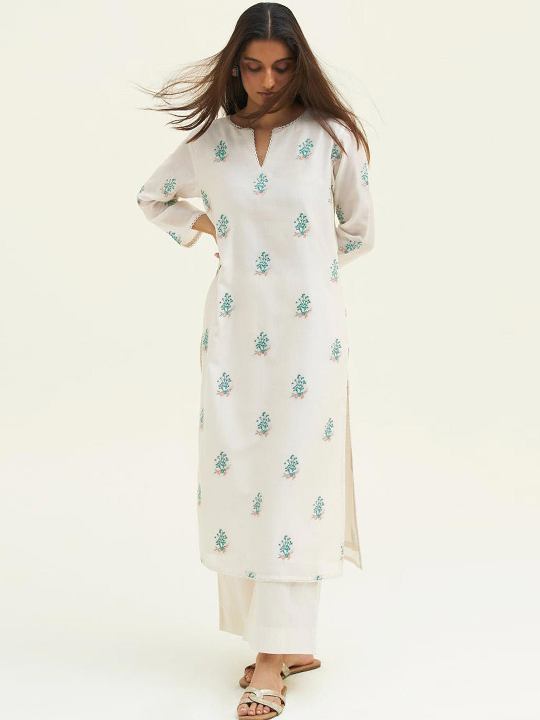 Buy Ganga Floral Embroidered Pure Cotton Straight Kurta With Palazzos ...