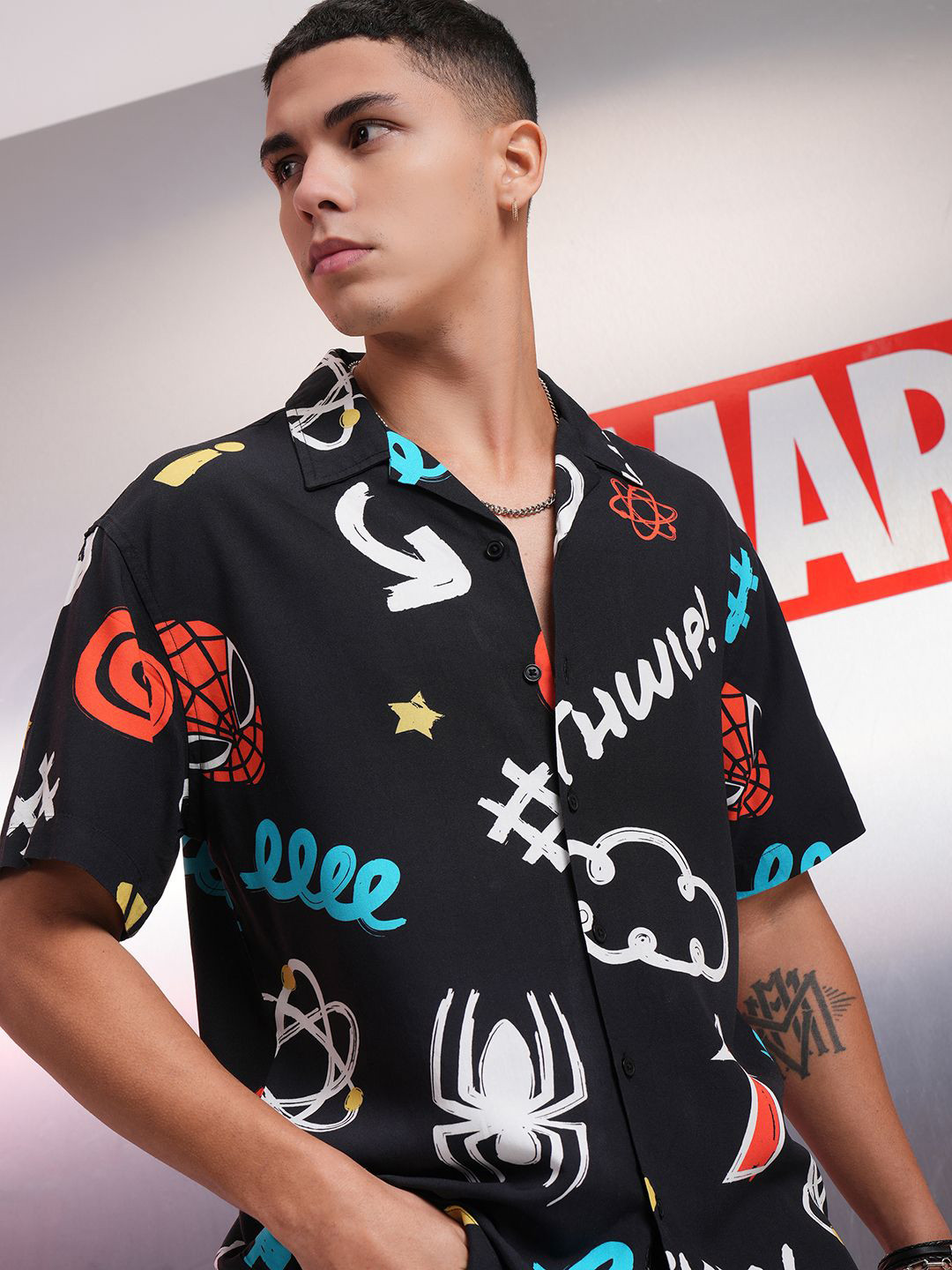 Buy HIGHLANDER Marvel Men Printed Spider Man Cuban Collar Viscose ...