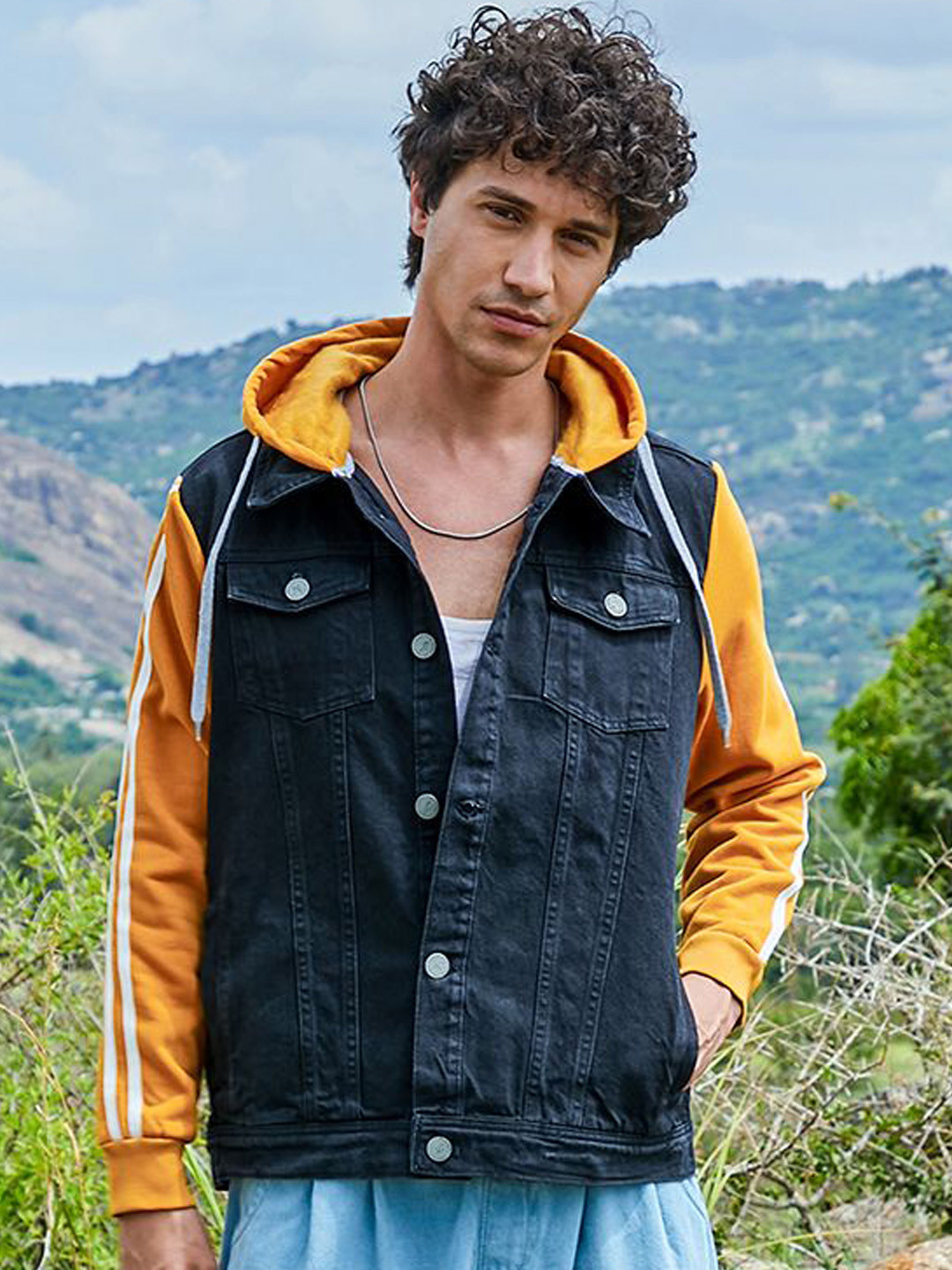 Buy Campus Sutra Men Colourblocked Lightweight Hooded Denim Jacket ...