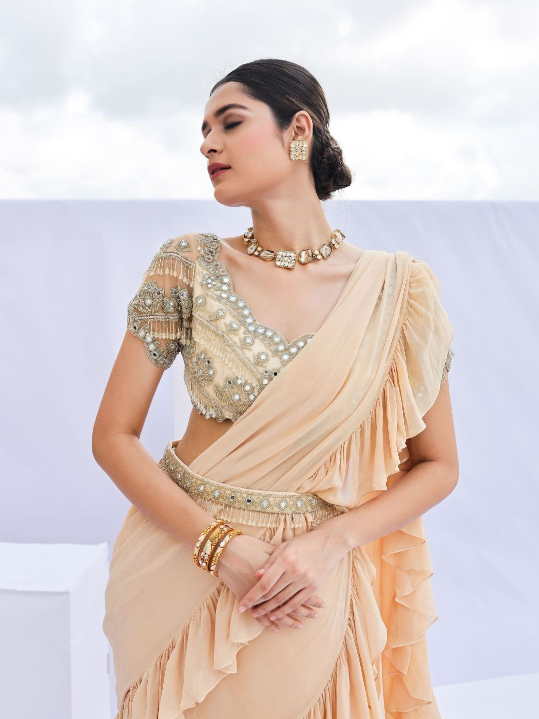 Buy Foram Patel Gold Embroidered Pre Draped Ruffle Saree Set - Sarees ...