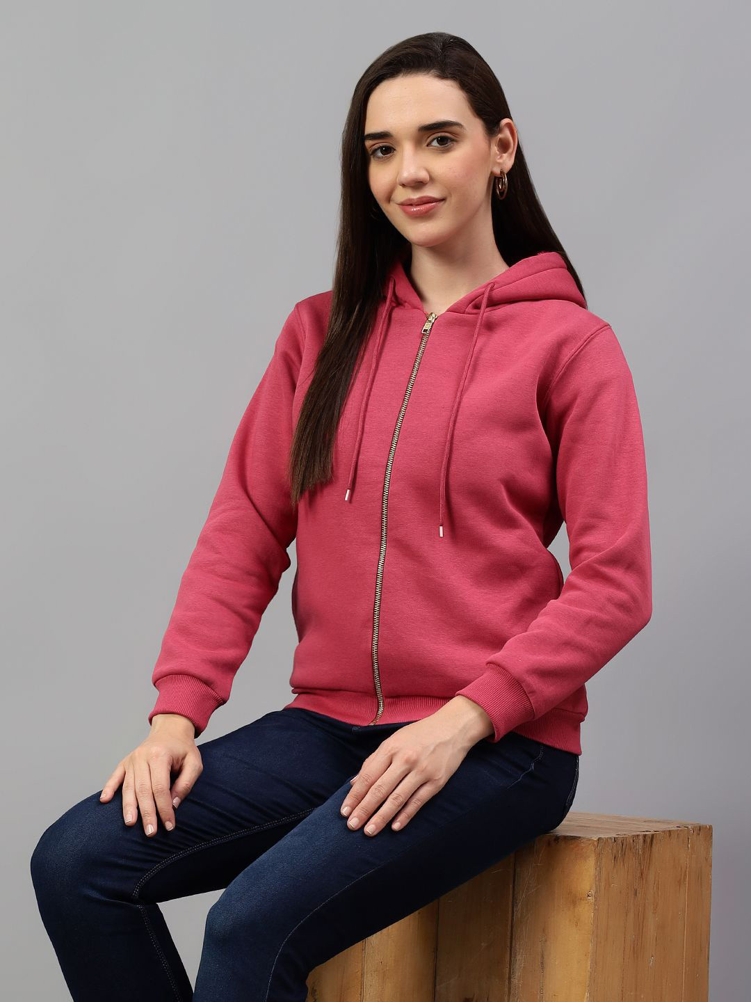 Buy Cantabil Women Solid Hood Fleece Front Open Ribbed Sweatshirt ...
