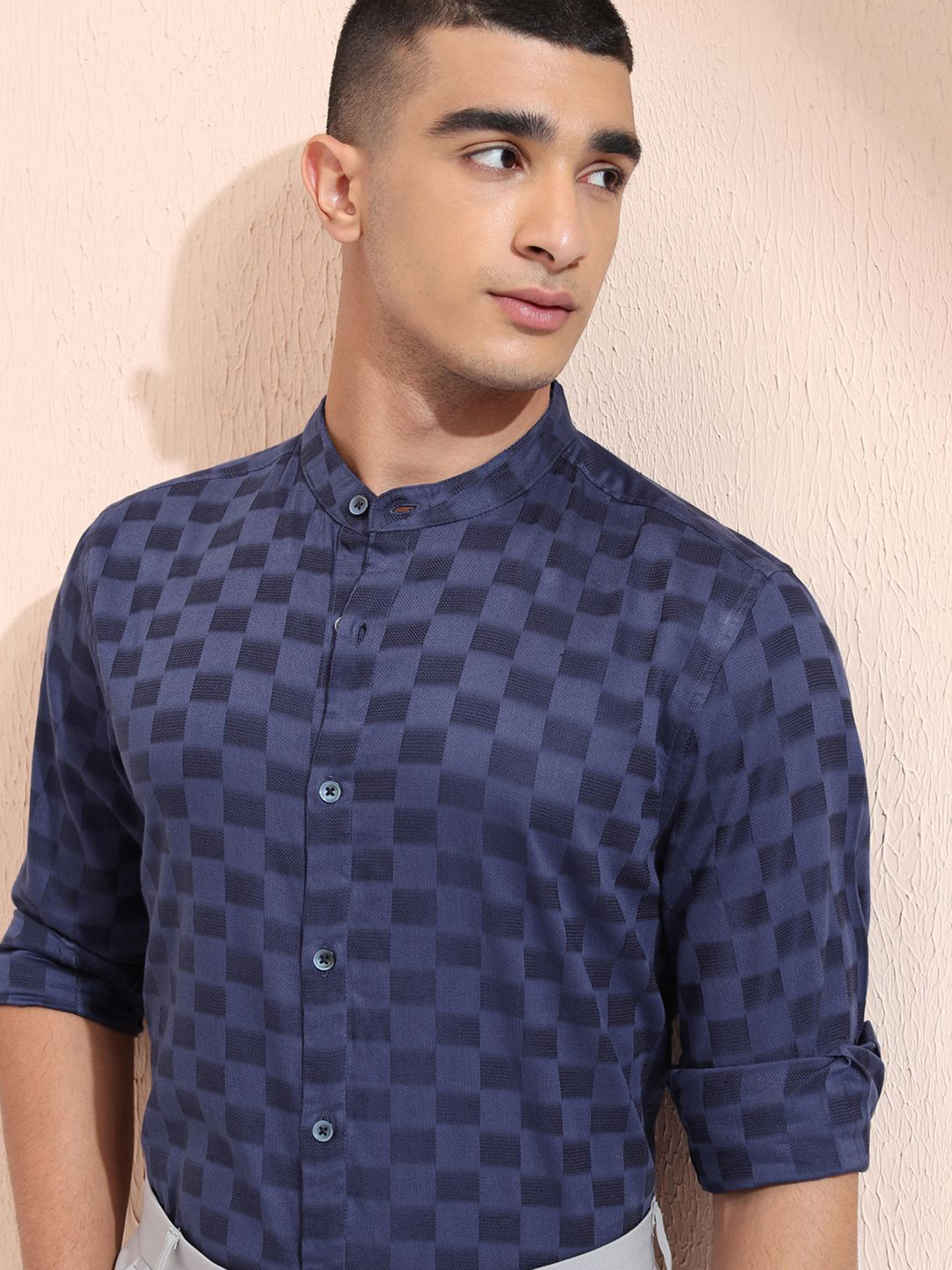 Buy HIGHLANDER Men Dobby Textured Solid Mandarin Collar Shirt - Shirts ...