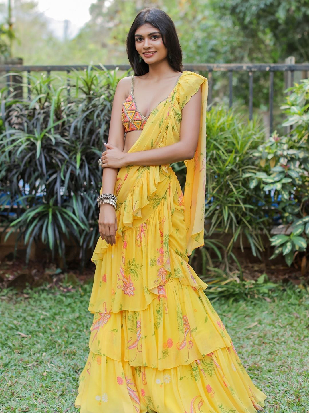 Buy Foram Patel Yellow Printed Ruffle Saree Set - Sarees for Women ...