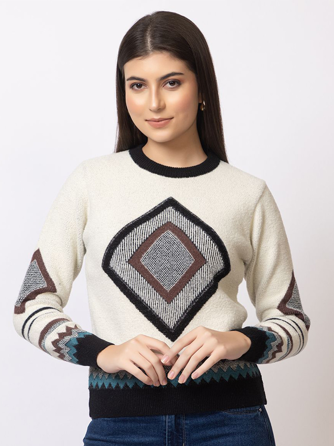 Buy GFO Women Geometric Printed Woollen Round Neck Sweaters - Sweaters ...