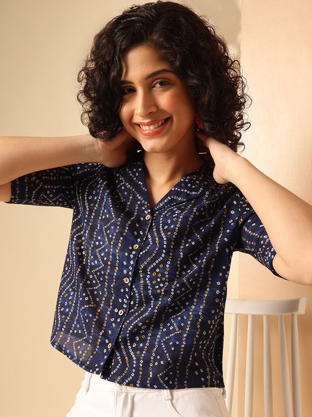 Buy Anouk Women Geometric Printed Lapel Collar Cotton Top - Tops for ...