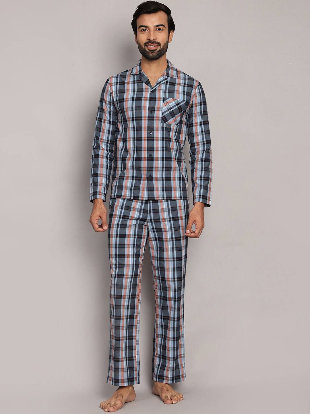 Buy BStories Men Pure Cotton Checked Night Suit - Night Suits for Men ...