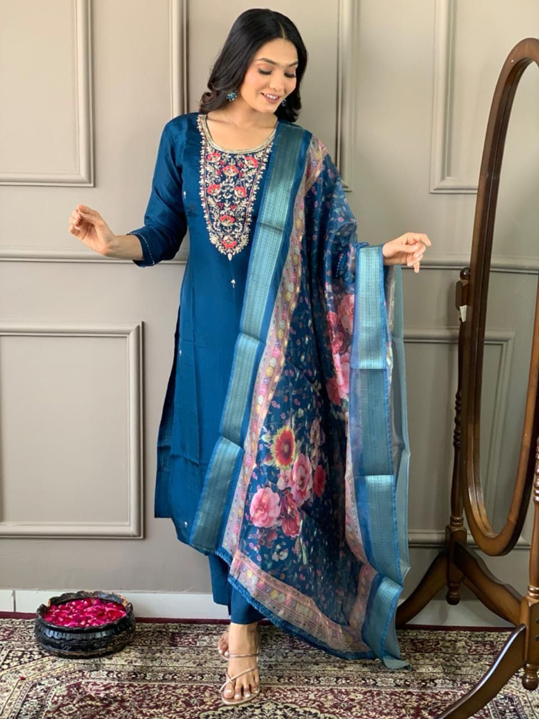 Buy KALINI Women Ethnic Motifs Embroidered Sequinned Chanderi Silk ...