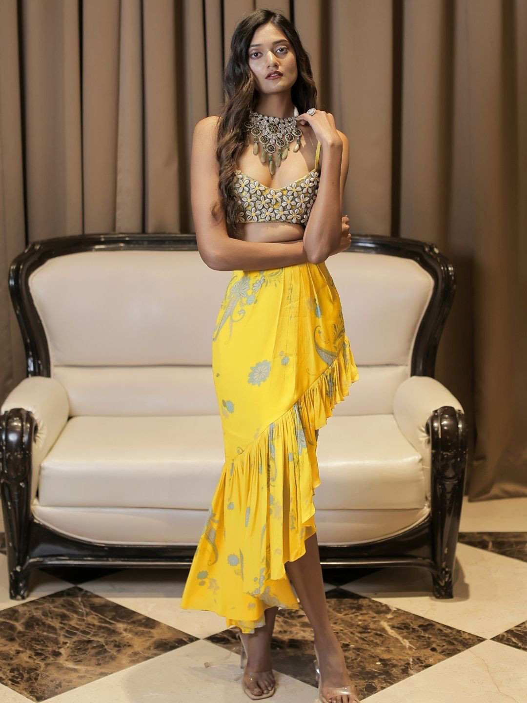 Buy Foram Patel Yellow Cowrie Embroidered Bralette Skirt Set - Dresses ...