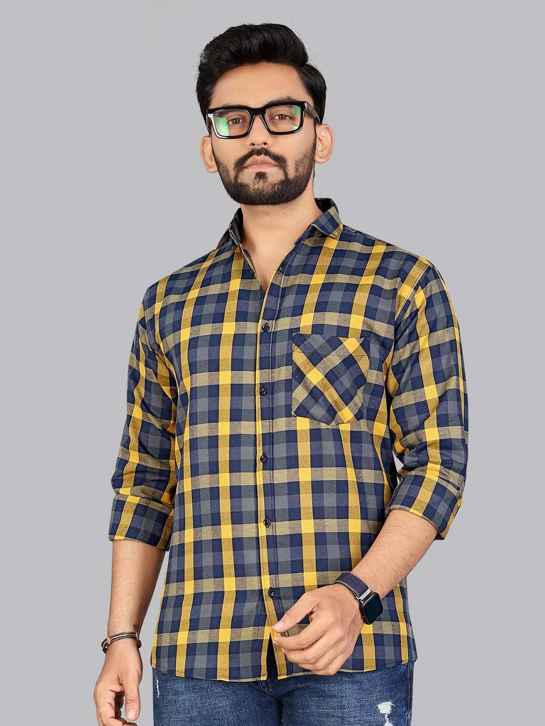 Buy ADWYN PETER Men Classic Spread Collar Tartan Checked Cotton Casual ...