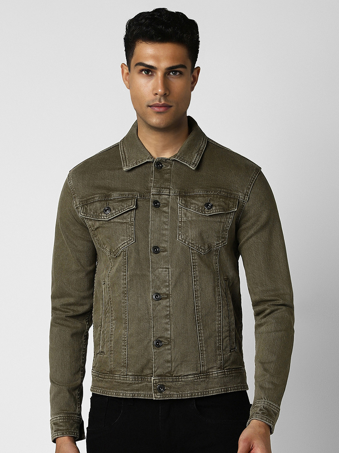 Buy VAN HEUSEN DENIM LABS Men Solid Washed Spread Collar Cotton Denim ...