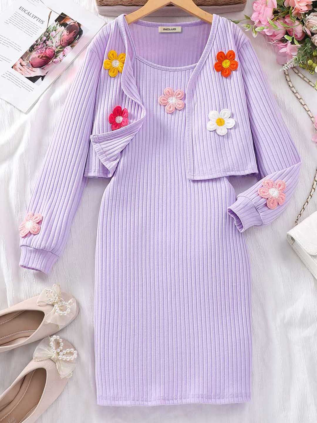 Buy INCLUD Girls Flower Applique Bodycon Dress With Shrug - Dresses for ...