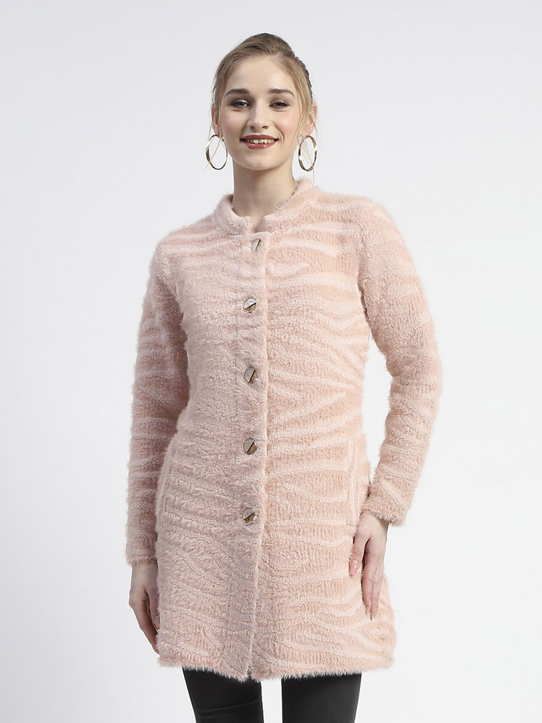 Buy Madame Women Self Design Quirky Fuzzy Cardigan Sweater - Sweaters ...