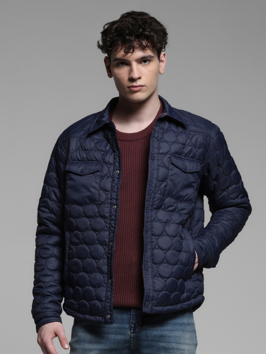 Buy Jack & Jones Men Spread Collar Solid Acrylic Casual Quilted Jacket ...
