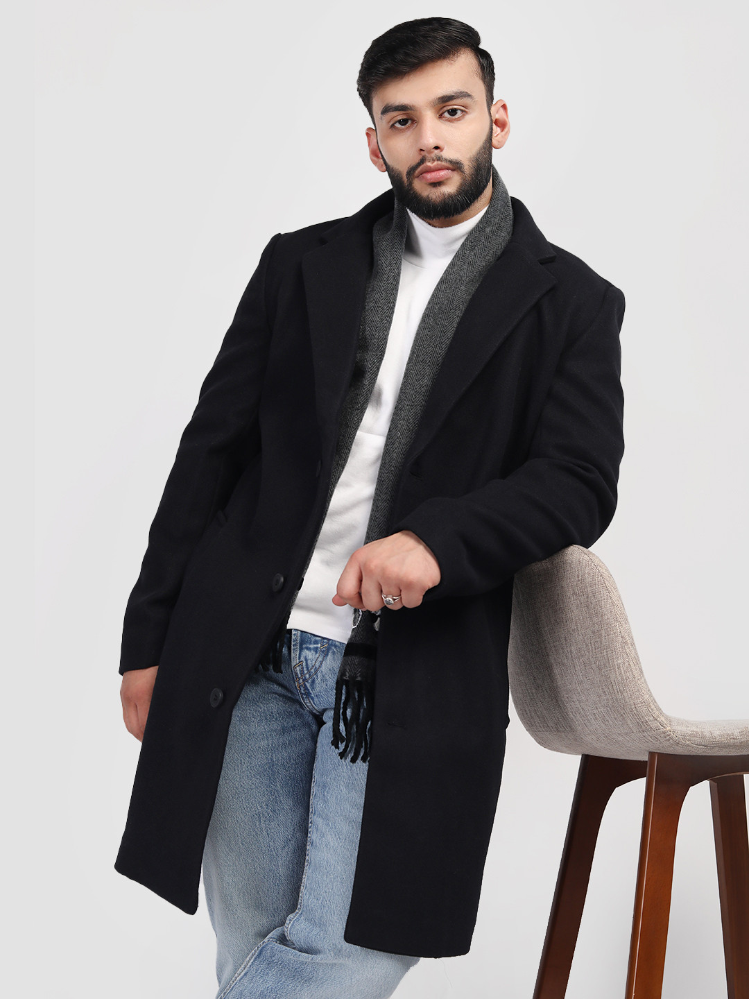 Buy HONNETE Men Solid Single Breasted Knee Length Trench Coat - Coats ...