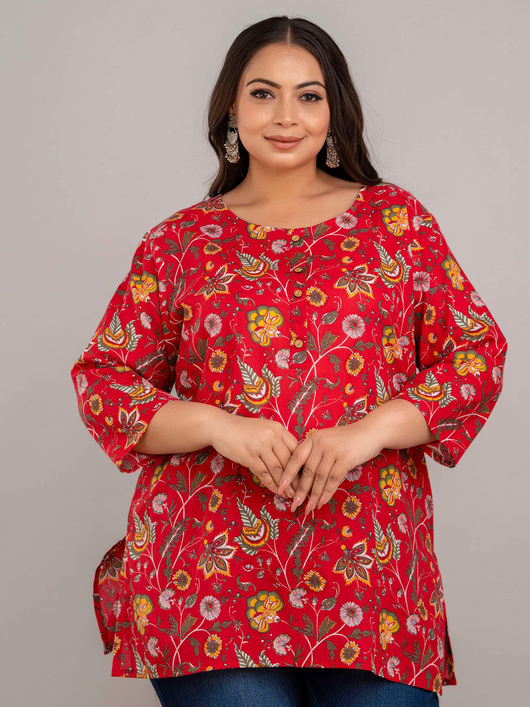Buy Fashion Zest Women Plus Size Floral Printed Round Neck Short Kurti ...