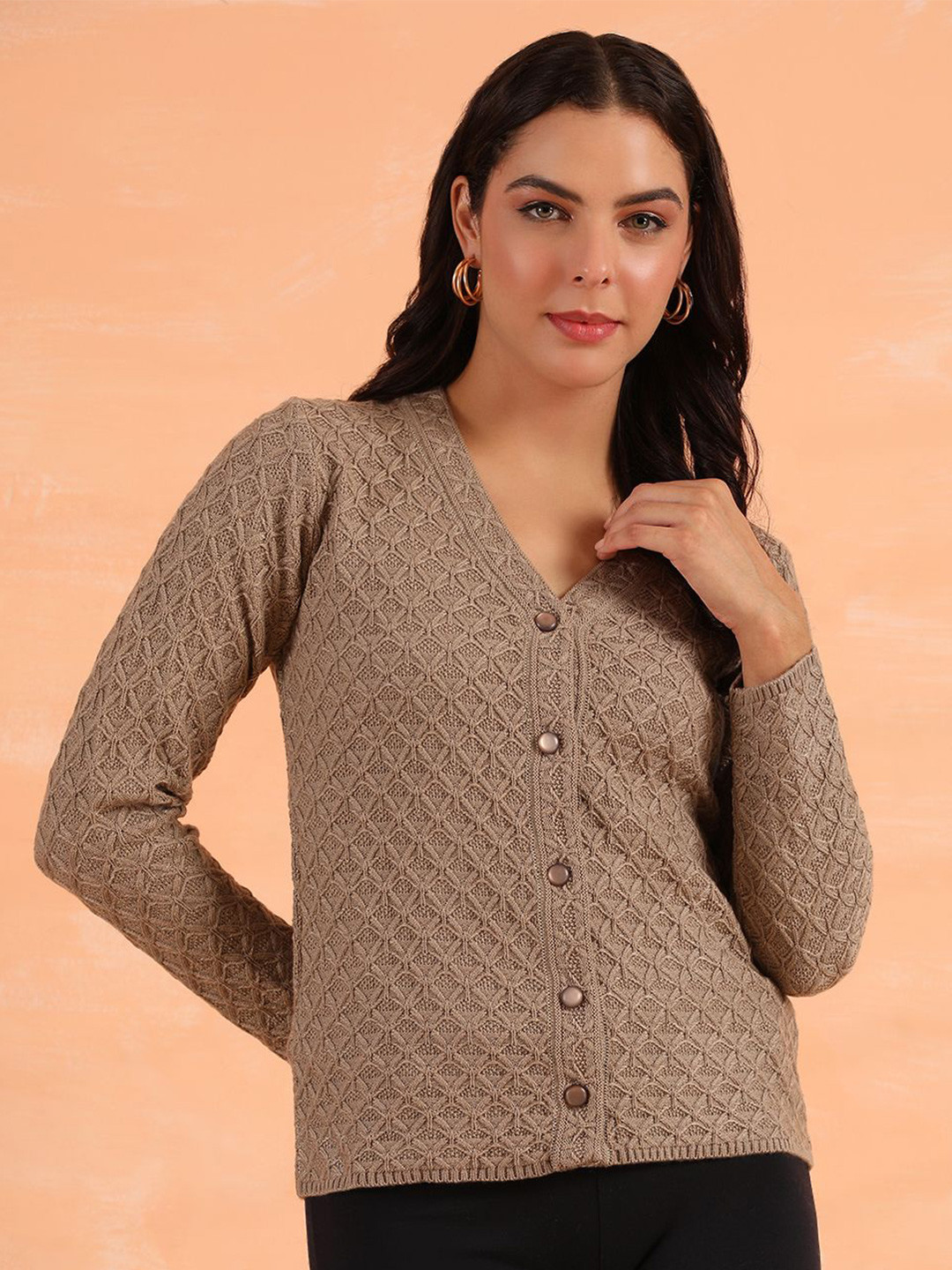 Buy Cayman Women Self Design Cable Knit V Neck Woollen Cardigan Sweater ...