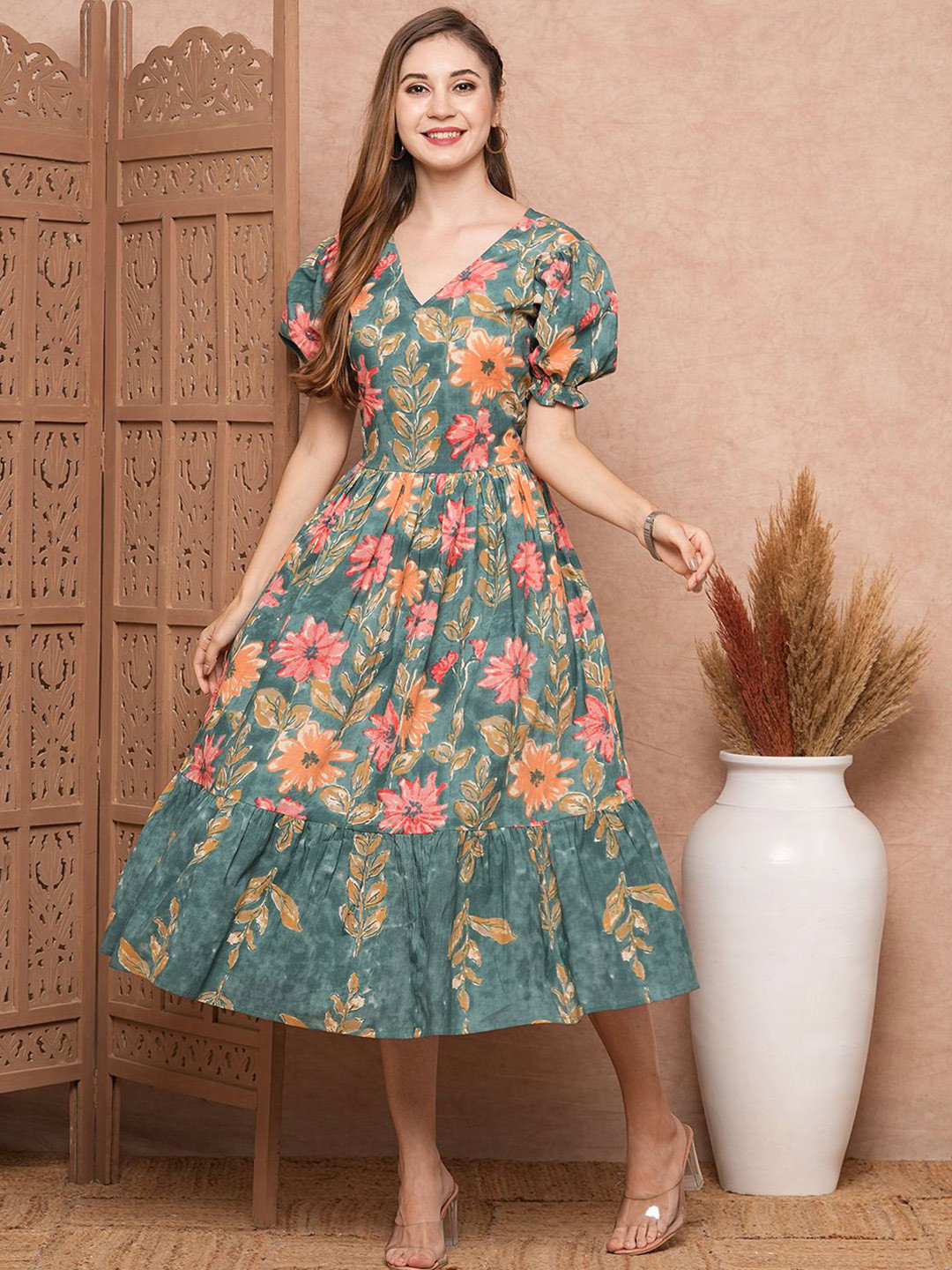 Buy FASHOR Women Floral Print Puff Sleeve Fit & Flare Midi Dress ...