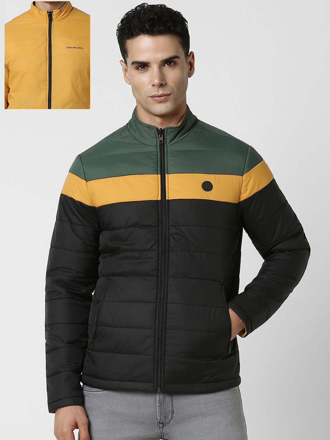 Buy Van Heusen Sport Men Colourblocked Reversible Puffer Jacket ...