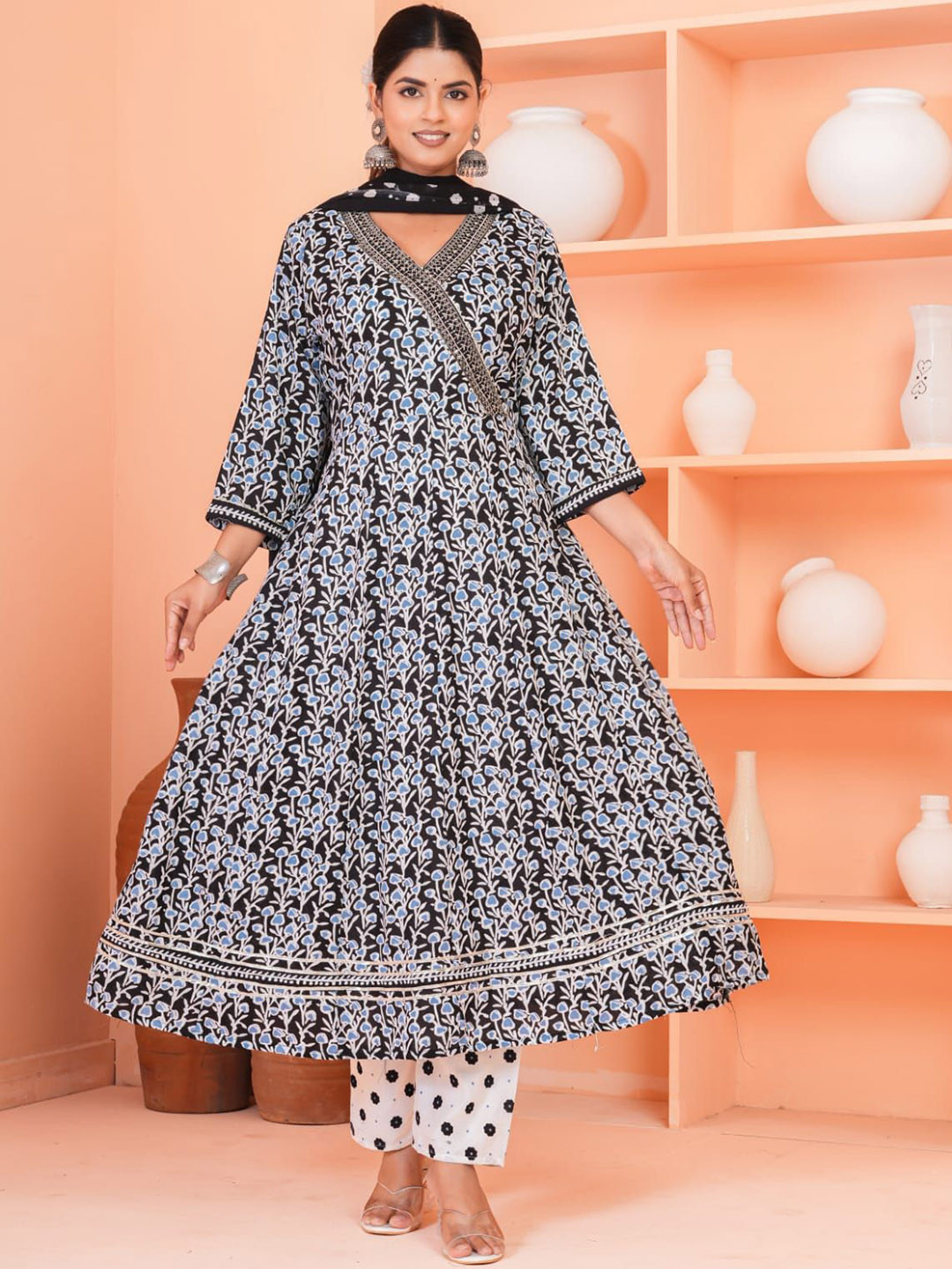 Buy KALINI Ethnic Motifs Printed Mirror Work Angrakha Kurta & Palazzos ...