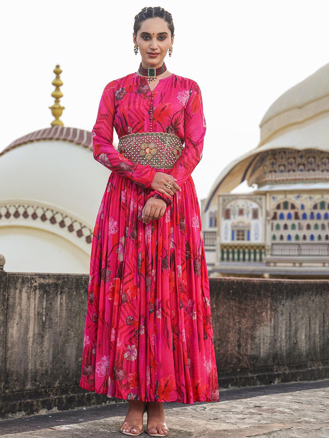 Buy SCAKHI Printed Maxi Ethnic Dress Pink Chinon Silk Floral Gown With ...