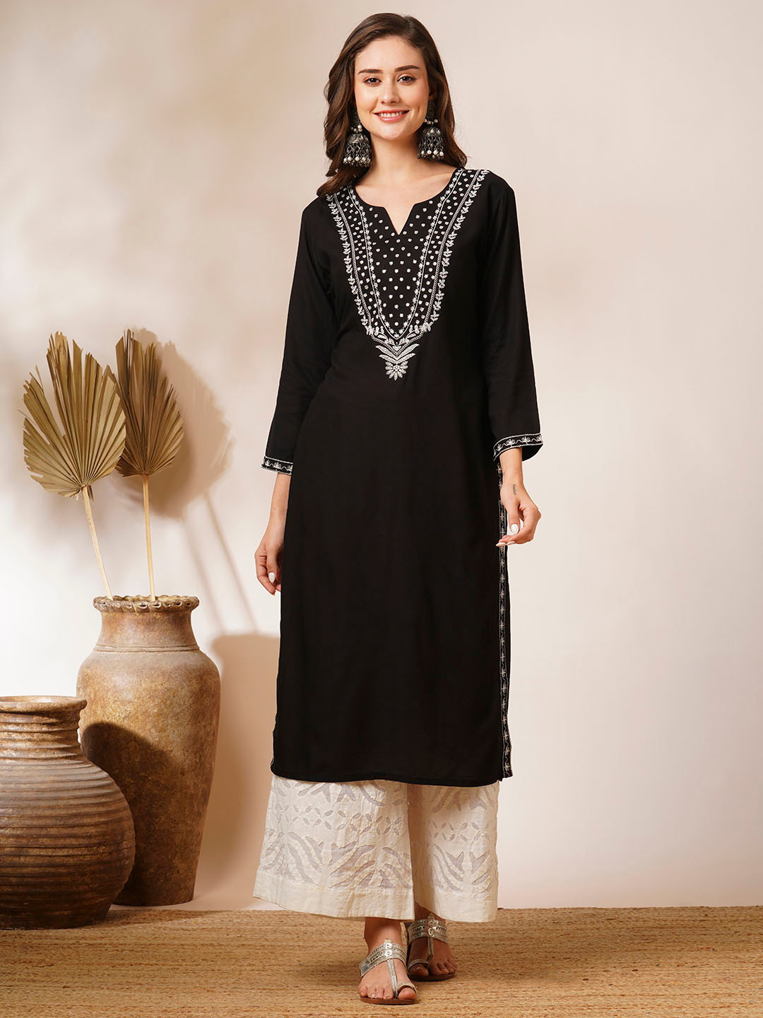Buy FASHOR Women Floral Embroidered Sequinned Kurta - Kurtas for Women ...