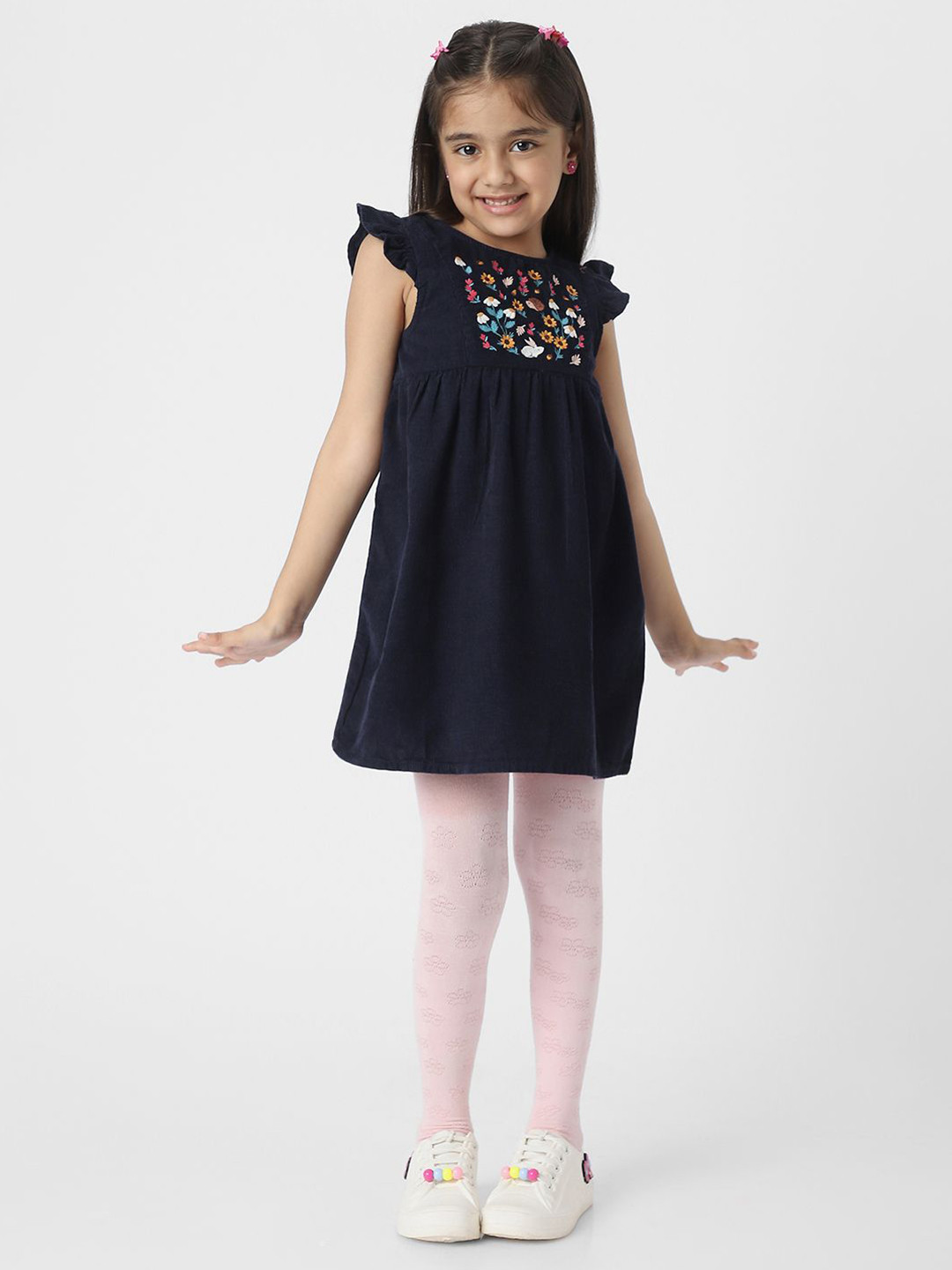 Buy Nauti Nati Girls Floral Embroidered Corduroy Dress With Flutter ...
