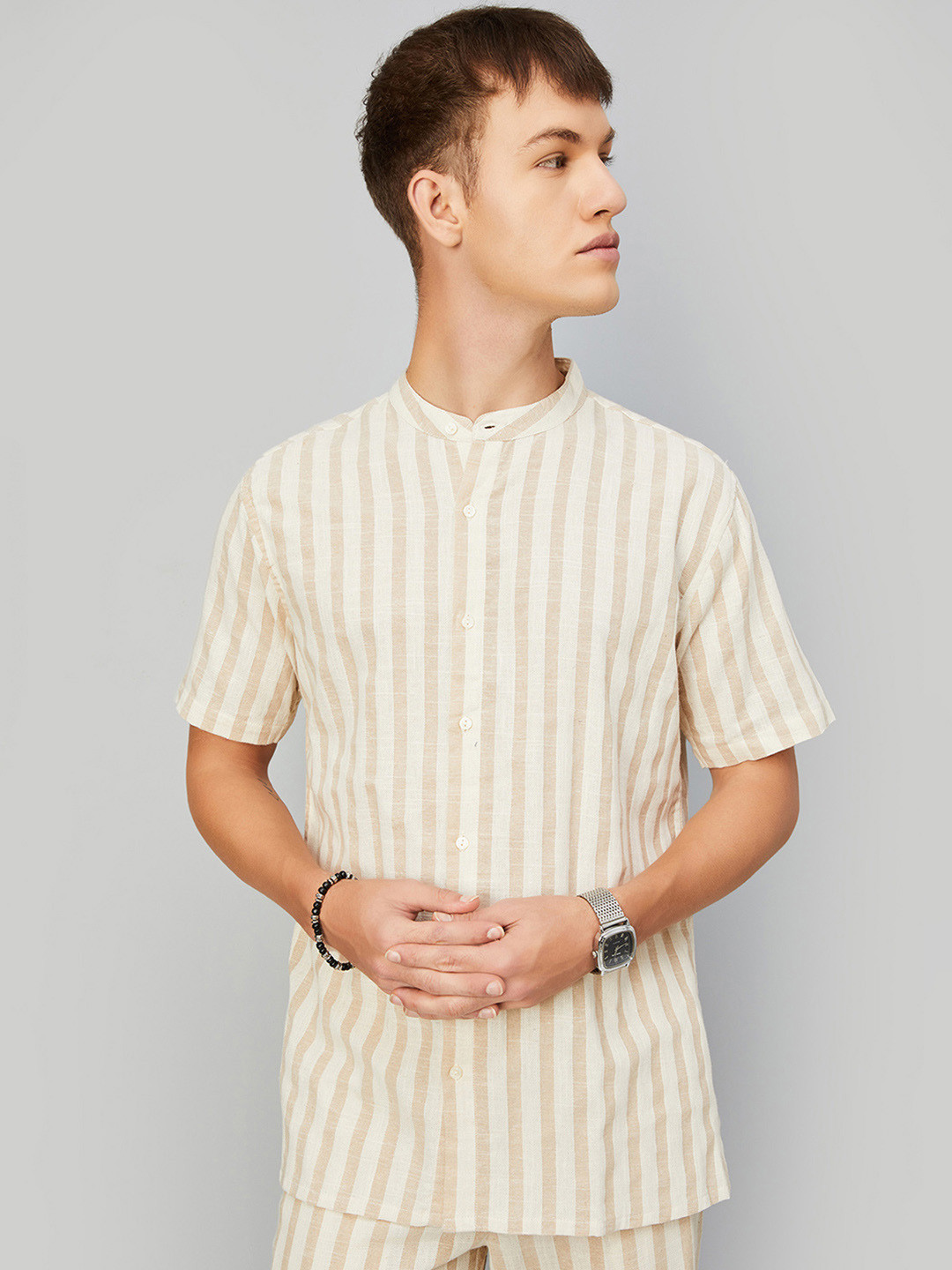 Buy Max Men Cotton Striped Mandarin Collar Regular Fit Shirt - Shirts ...