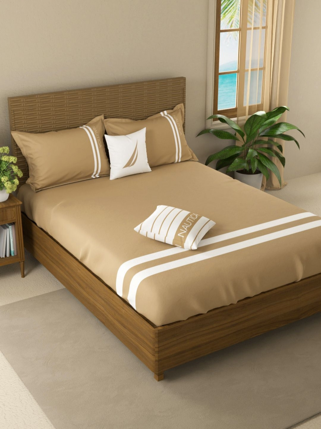 Buy Nautica Taupe Pure Cotton 500 TC King Bedsheet With 2 Pillow Covers ...