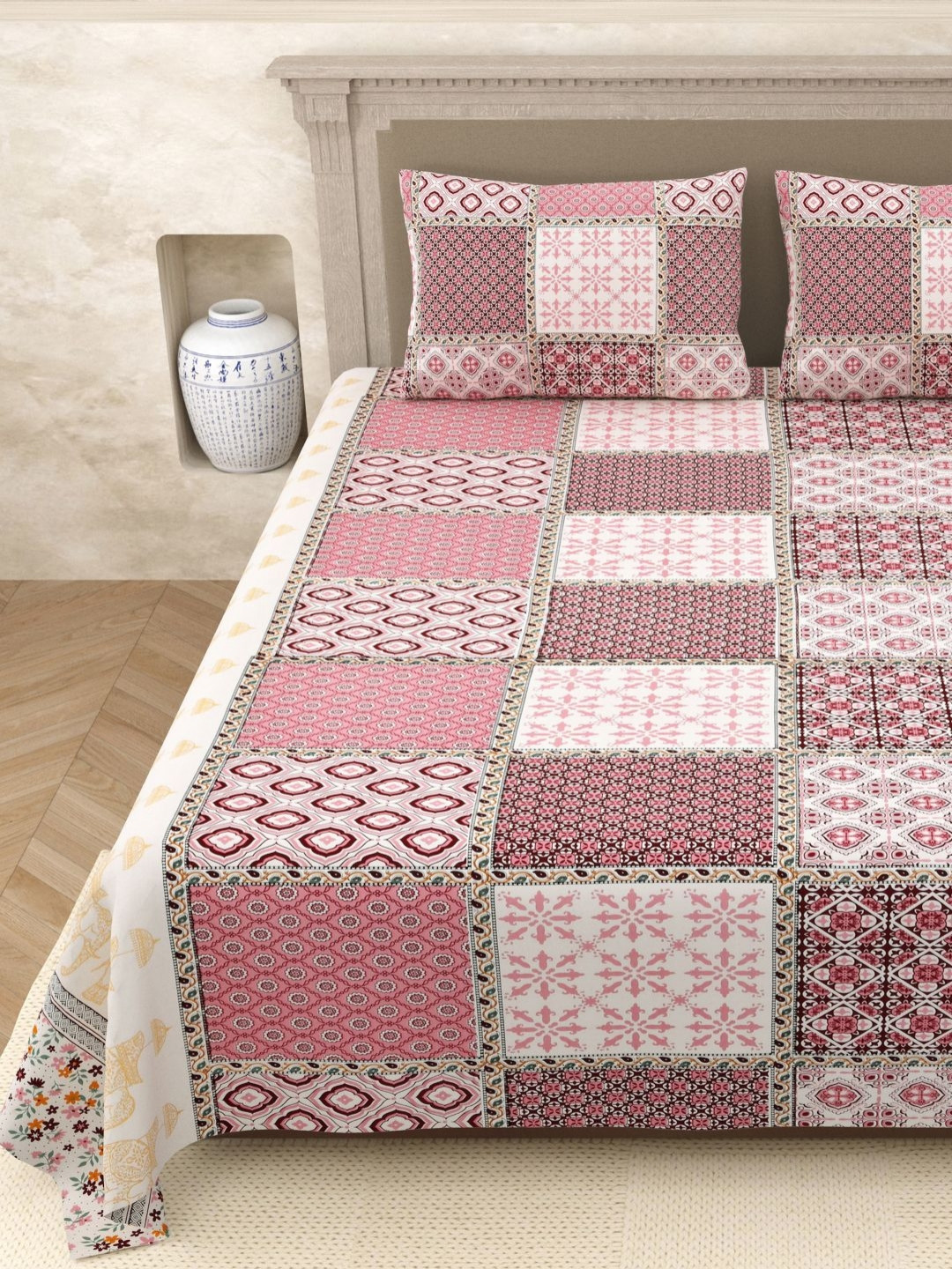 Buy Aura Elegant Pink Floral Jaipuri Print Pure Cotton 210 TC Queen ...