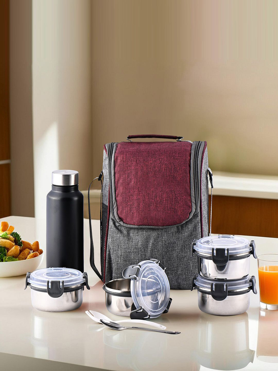 Buy Kuber Industries Grey & Red Tiffin Bag With Bottle & 4 Spill Proof ...