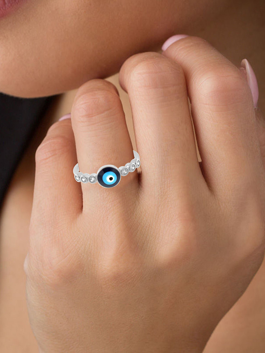 Buy MEMOIR Silver Plated CZ Evil Eye Finger Ring - Ring for Unisex ...